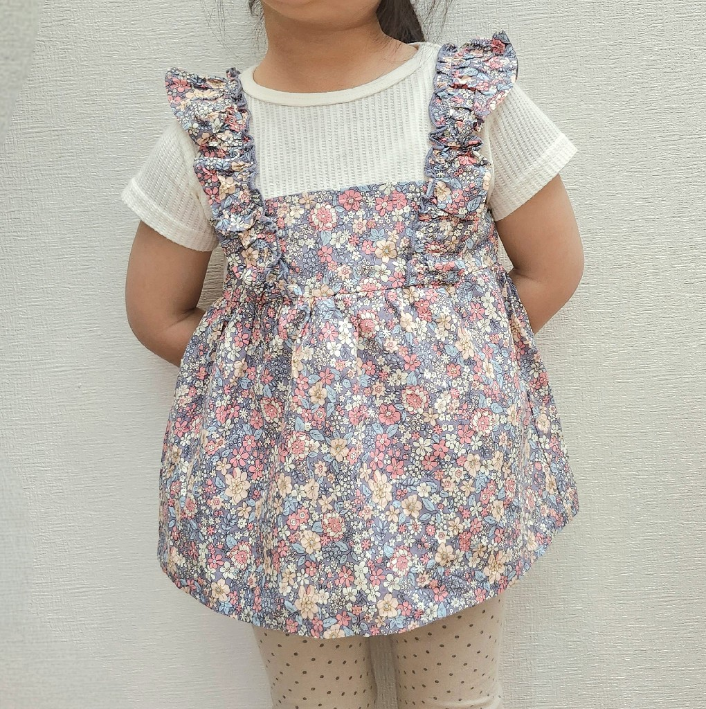 【ふんわりワッフル】フリル チュニック 異素材 ドッキング 半袖 Tシャツ サーマル 重ね着風 ガールズ トップス ワッフル コットン 花柄 チェック ストライプ 90cm 100cm ...