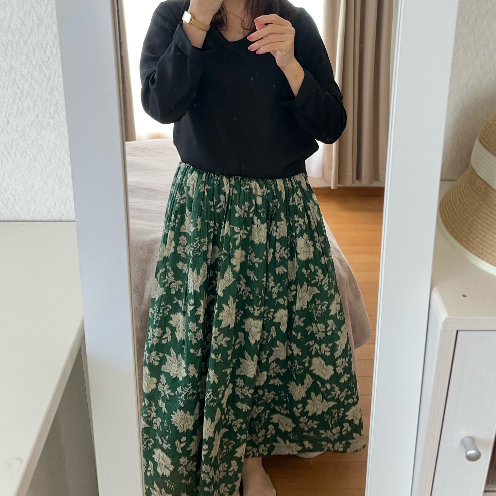 【ハプティックhbD】【OMNES】コットンボイル総柄ギャザースカート レディース フリーサイズ ロング丈 ロングスカート インド綿 ウエストゴム カジュアル フレア 春夏 無地 ストライプ ...