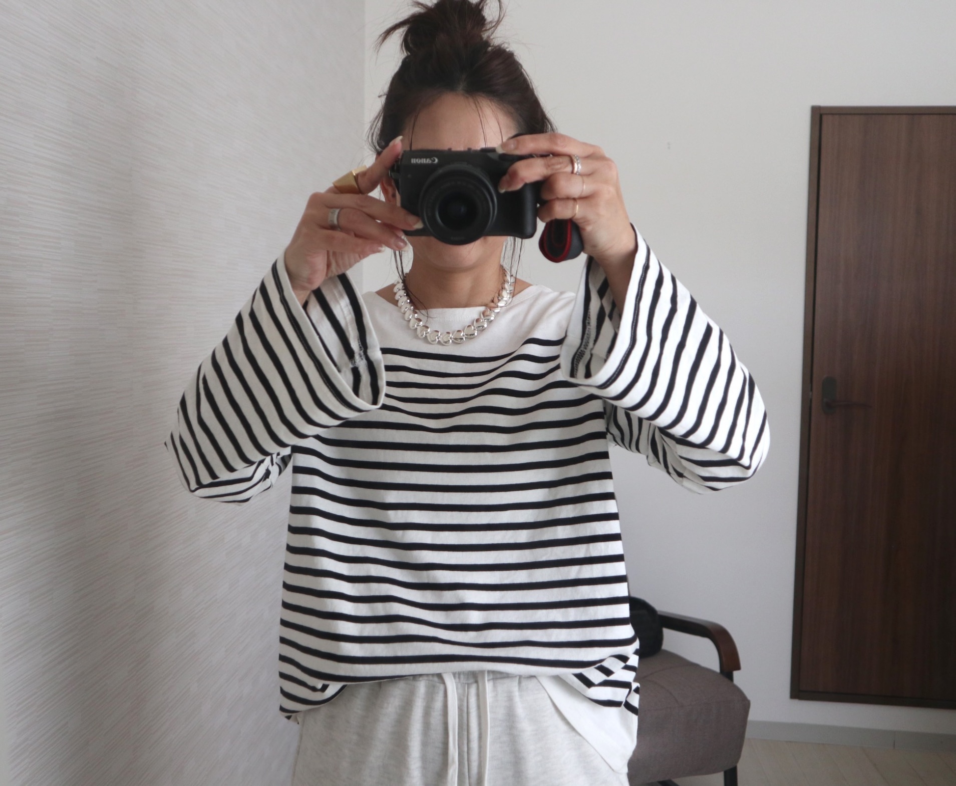 【ハプティックhbD】【OMNES】フレア袖パネルボーダーロングスリーブTシャツ レディース フリーサイズ 長袖Tシャツ カジュアル カットソー トップスHAPTIC ハプティック