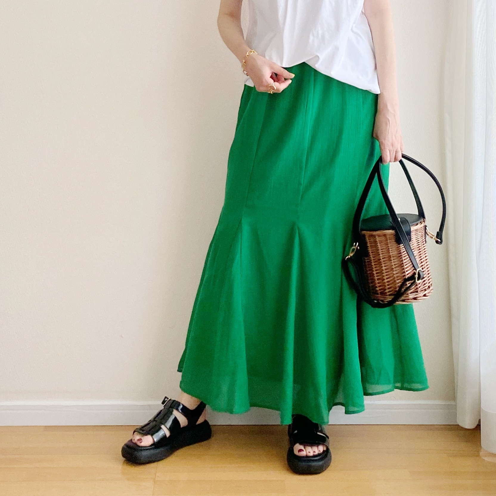 【ハプティックhbB】【OMNES】丈が選べる！エステルボイルマーメイドスカート ボトムス レディース スカート ロング丈 シアー 透け感 フレアシルエット ボリューム バックウエストゴム ...