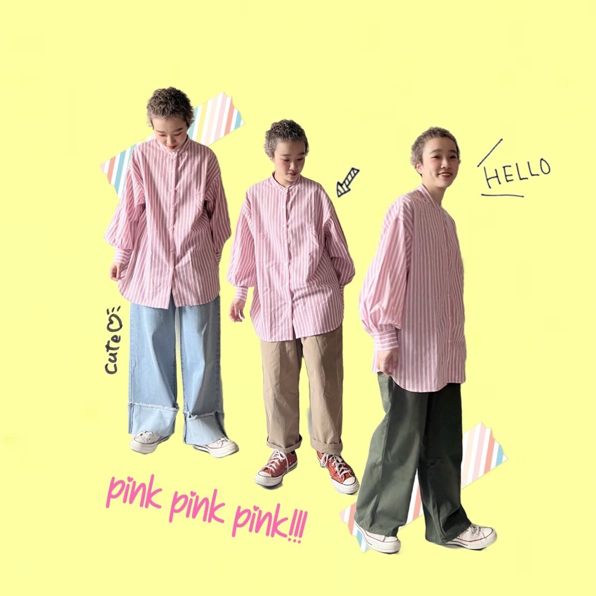 【MAX60％OFF★～7/11 01:59】【ネコポス発送】バンドカラー ストライプシャツ ノーカラー シャツ ぽわん袖 パフ 長袖 重ね着 バイカラー ピンク オレンジ ブルー グリーン ...